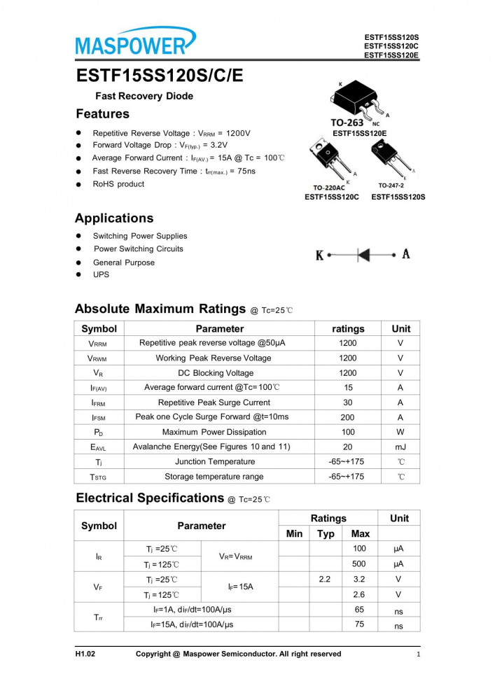 ESTF15SS120 series datasheet page 1