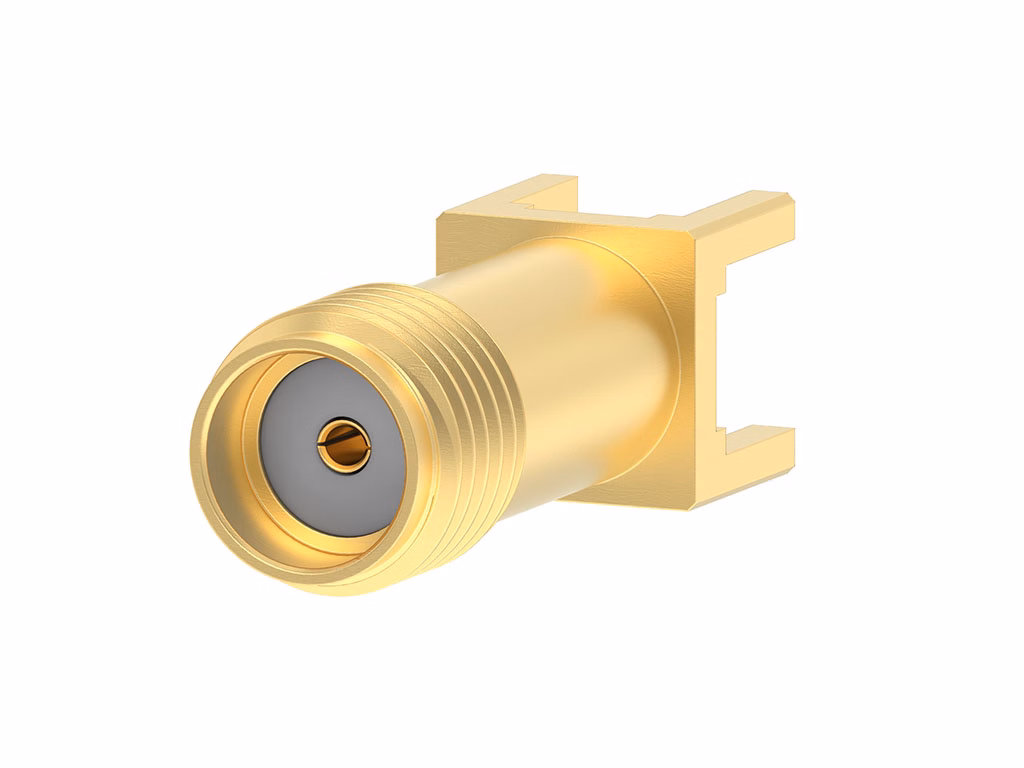 SMA Jack, Straight, 2-Hole Flange Mount, Round Post, Brass Body, Gold (Au) Plated, Tray, 50 Ohms
