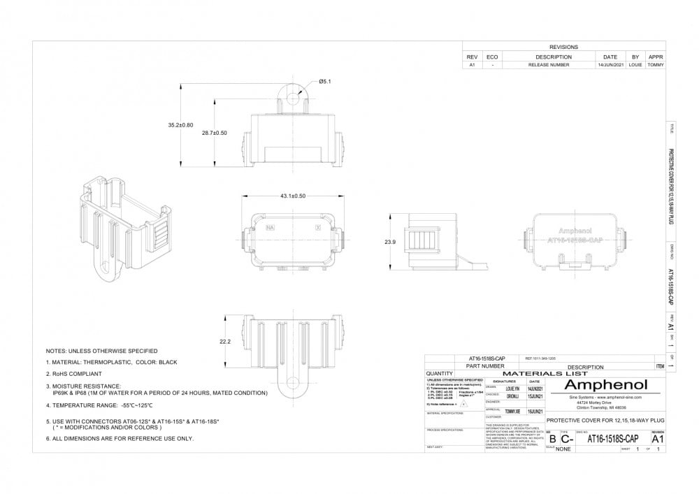 Amphenol AT16-1518S-CAP technical drawing