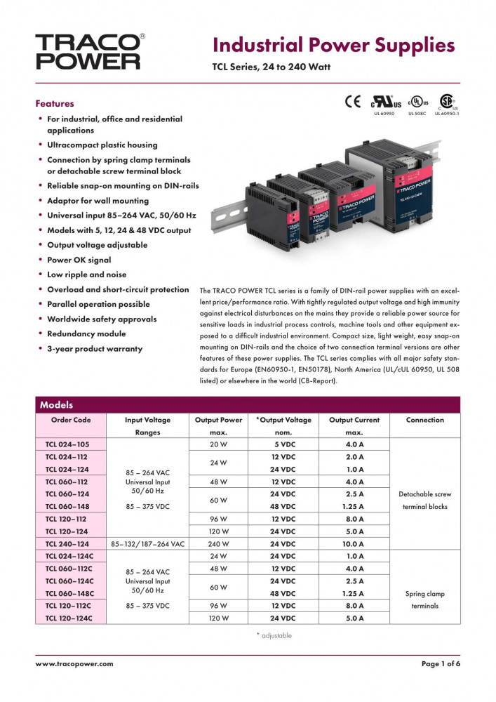 TRACO POWER TCL series datasheet page 1