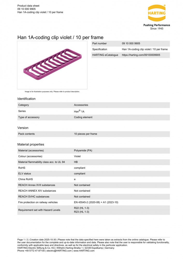 Product documentation image 1 for Han 1A violet coding clip