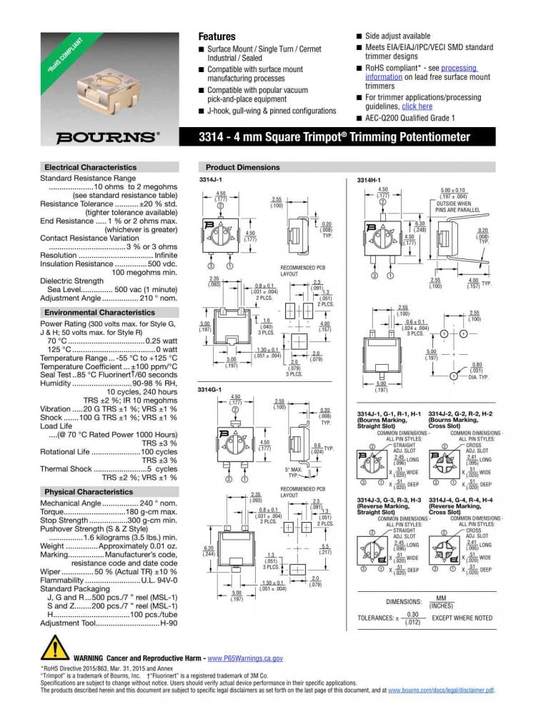 BOURNS 3314 series datasheet page 1
