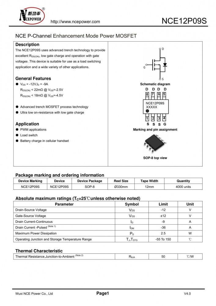 NCE12P09S datasheet page 1