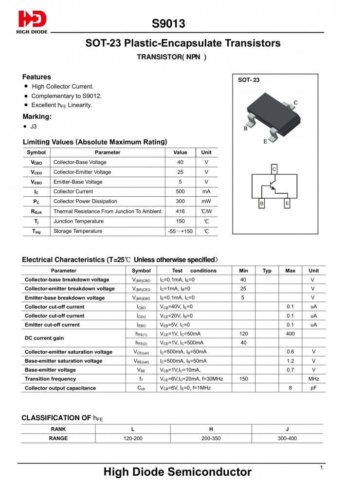 S9013 datasheet page 1