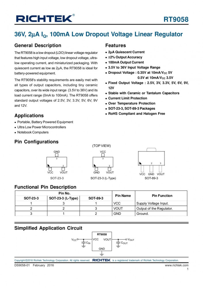 RT9058 datasheet page 1