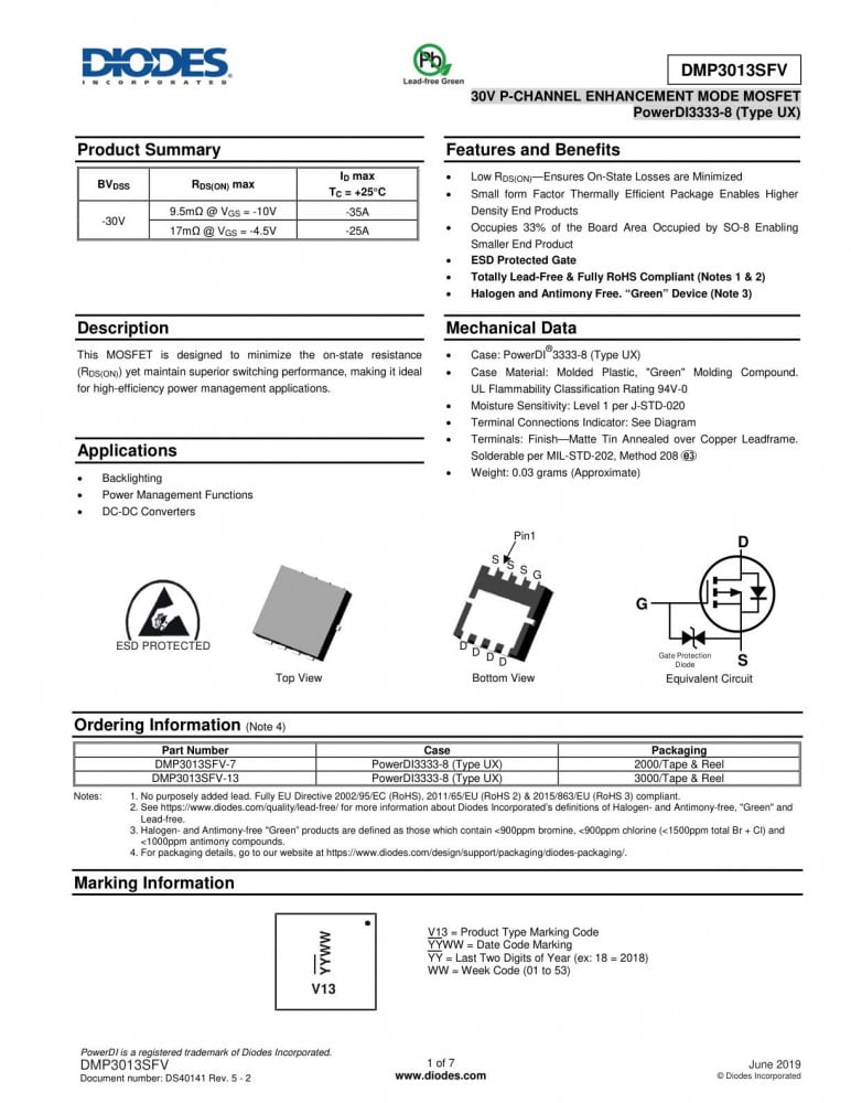 DMP3013SFV-7 datasheet page 1