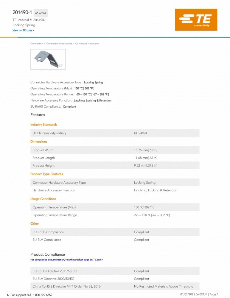 TE Connectivity 201490-1 technical document page 1