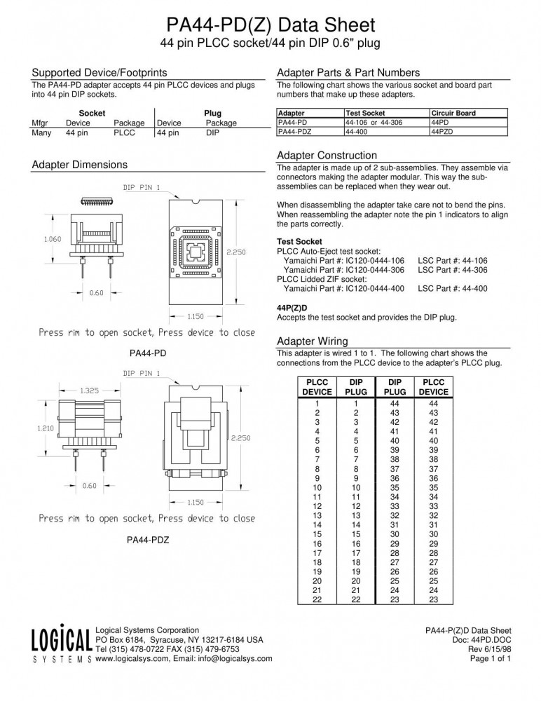 PA44-PD(Z) 44-pin PLCC socket to 44-pin DIP plug adapter documentation page