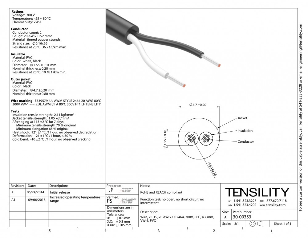 30-00353 product drawing showing cable construction and specifications