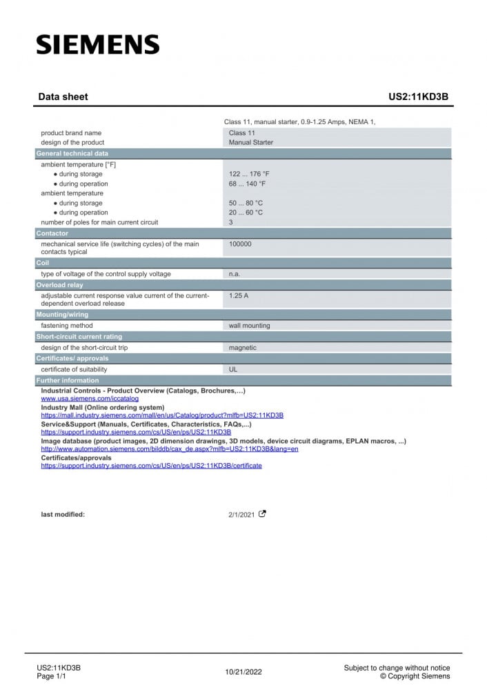 SIEMENS 11KD3B product datasheet page