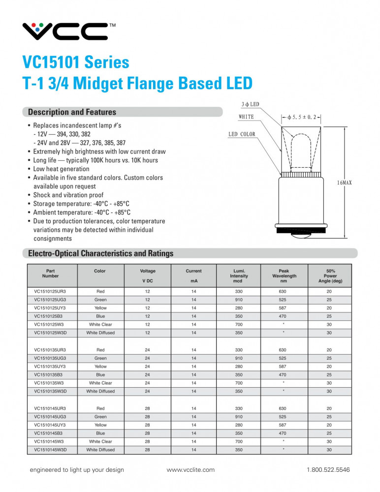 VC15101 Series T-1 3/4 midget flange LED documentation image
