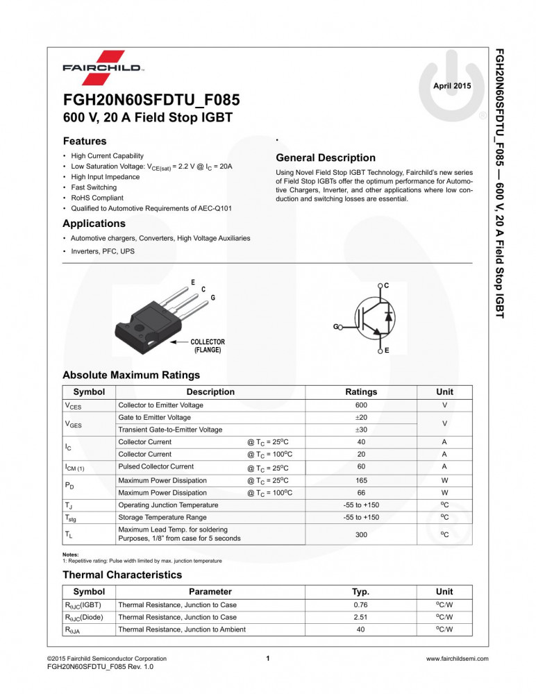 FGH20N60SFDTU-F085 datasheet page 2