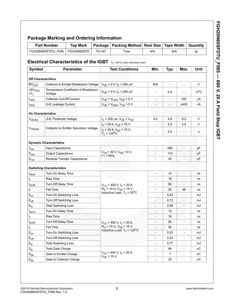 FGH20N60SFDTU-F085 datasheet page 3