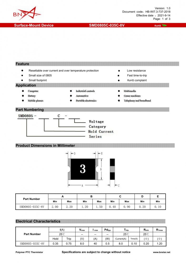 BNstar SMD0805-035C-8V datasheet page 1