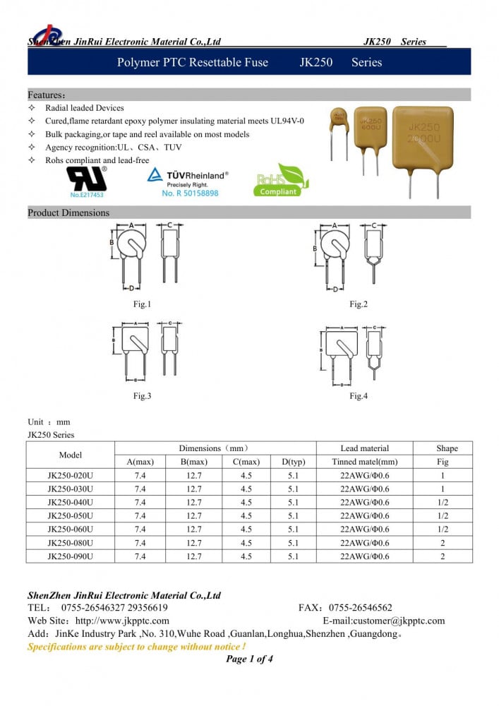 JK250 series datasheet page 1