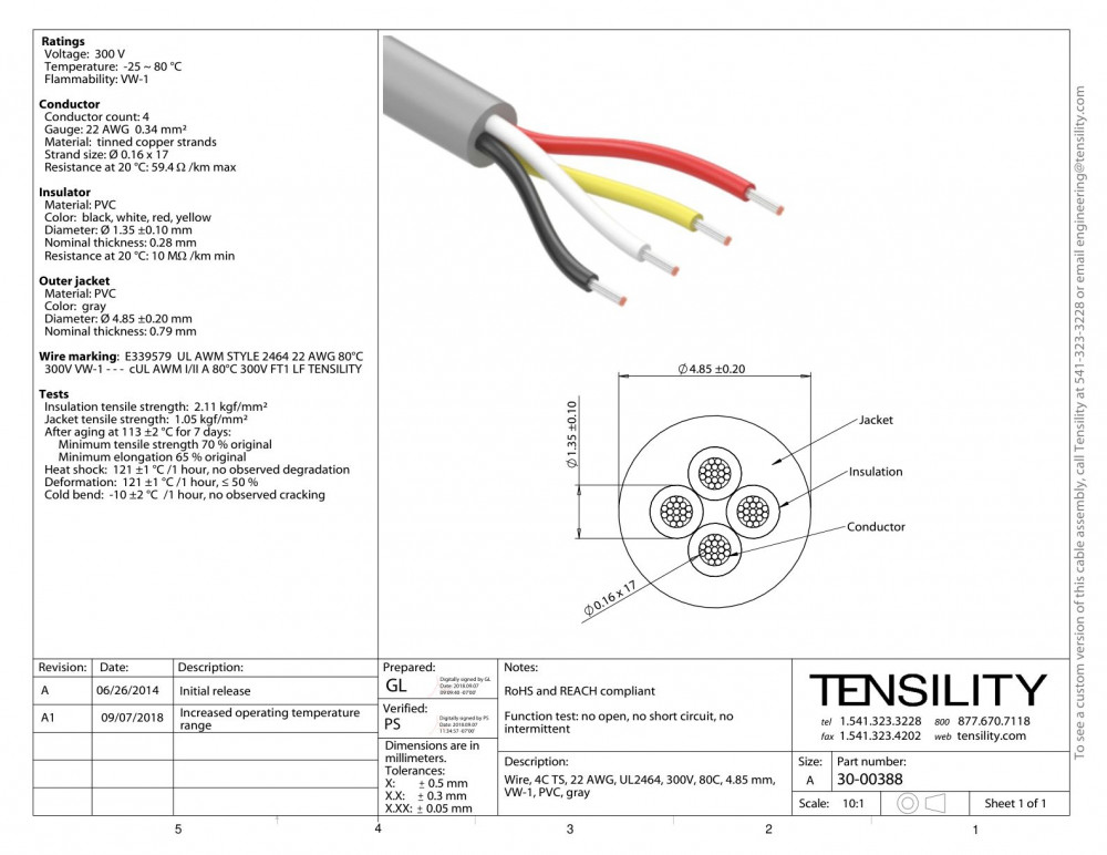 Technical drawing and specification page for Tensility International 30-00388 cable