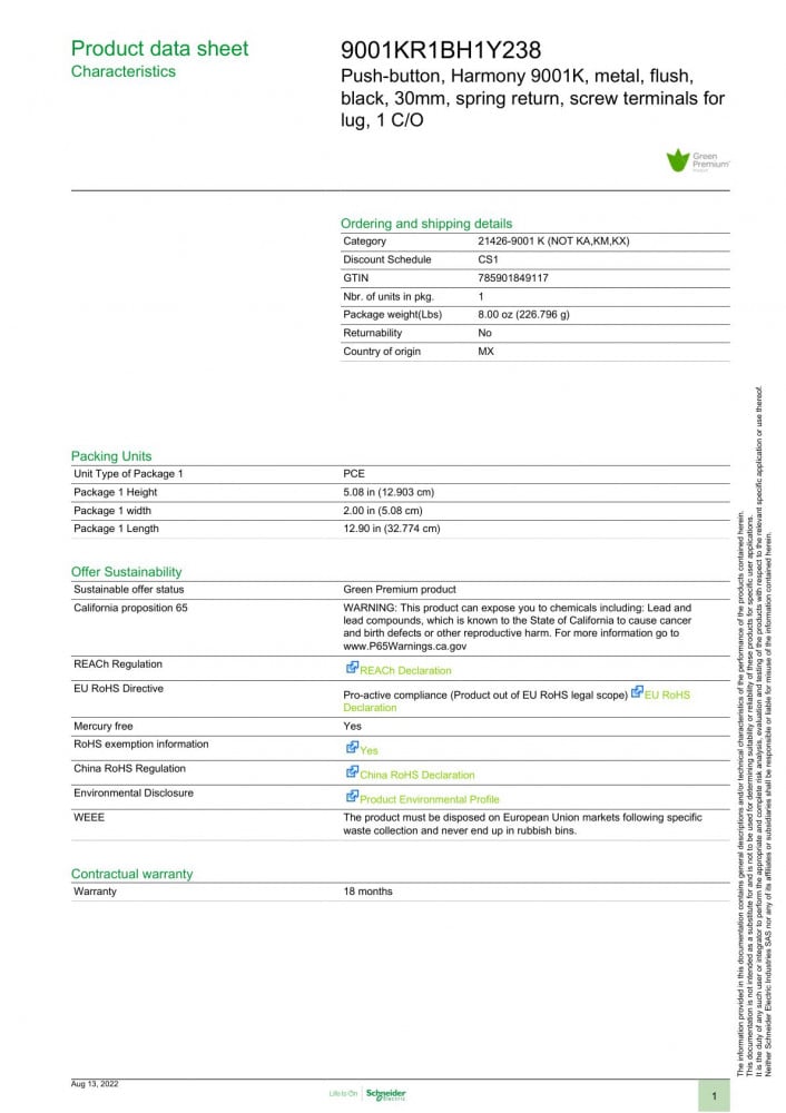 Schneider 9001KR1BH1Y238 technical document preview