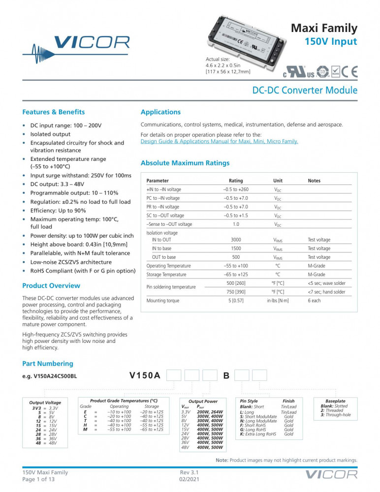 VICOR V150 family document page 1