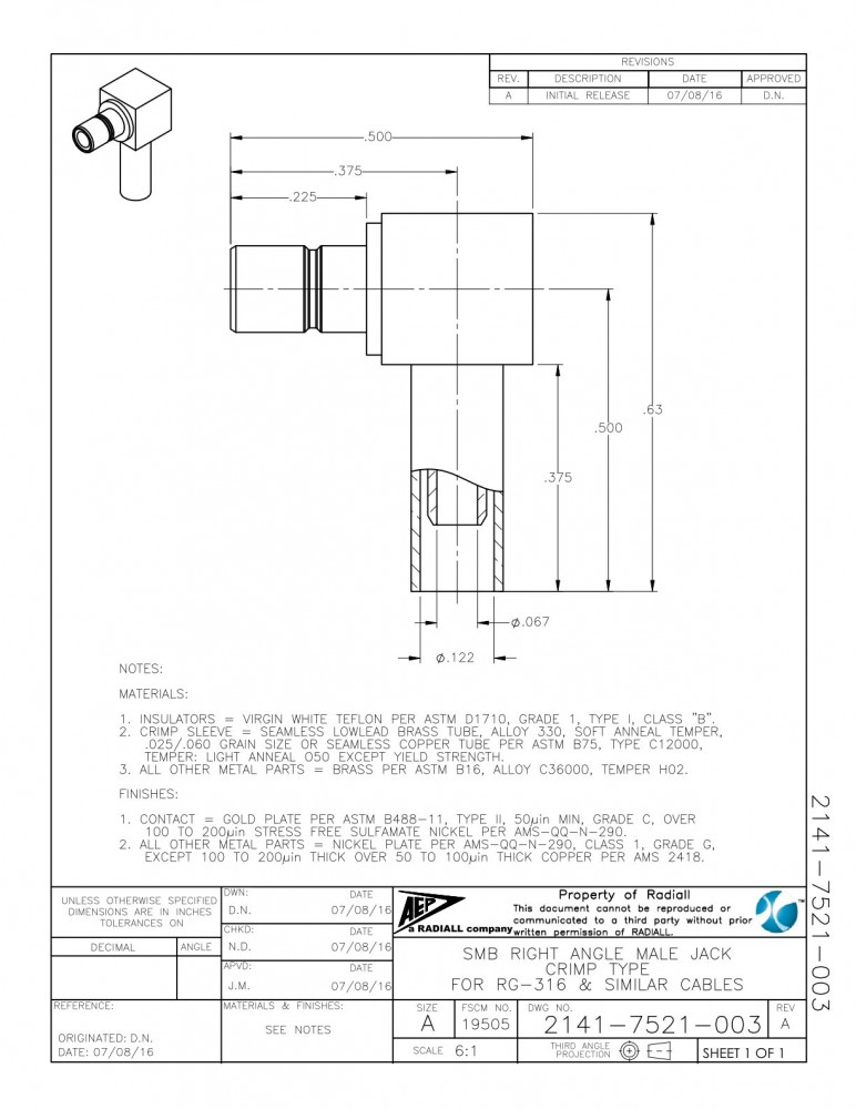 Radiall 2141-7521-003 SMB right-angle male jack drawing