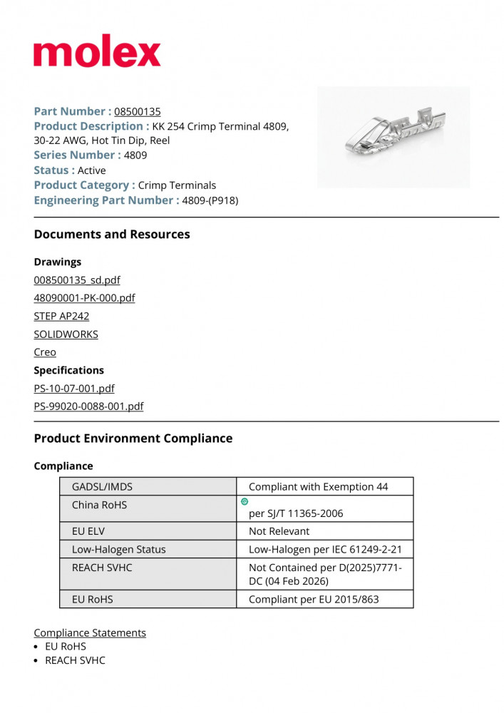Molex KK 254 product specification page 1