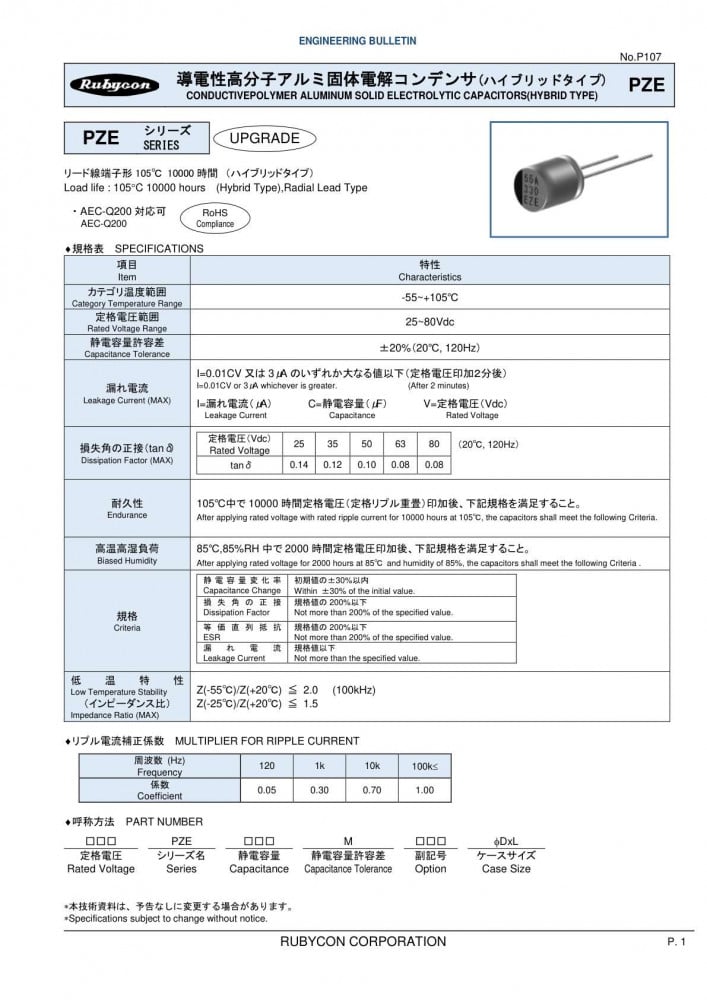Rubycon PZE series technical document page 1