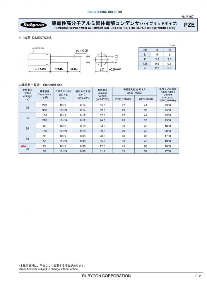 Rubycon PZE series technical document page 2
