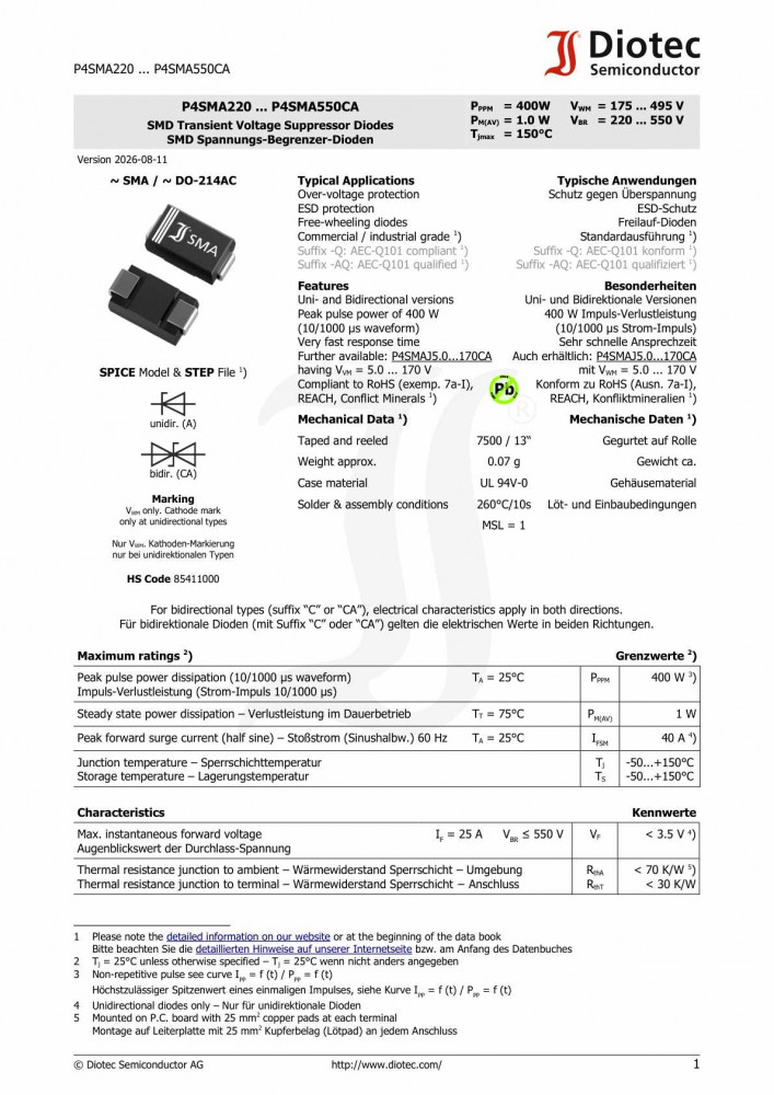DIOTEC P4SMA series datasheet page 1
