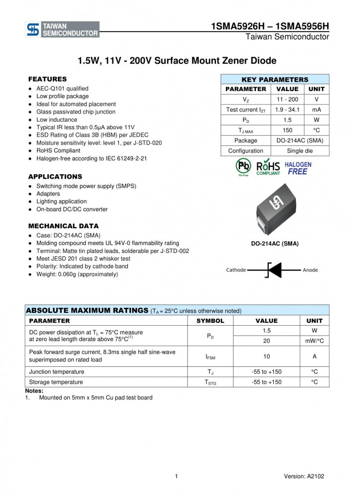 1SMA5935H technical document page 1