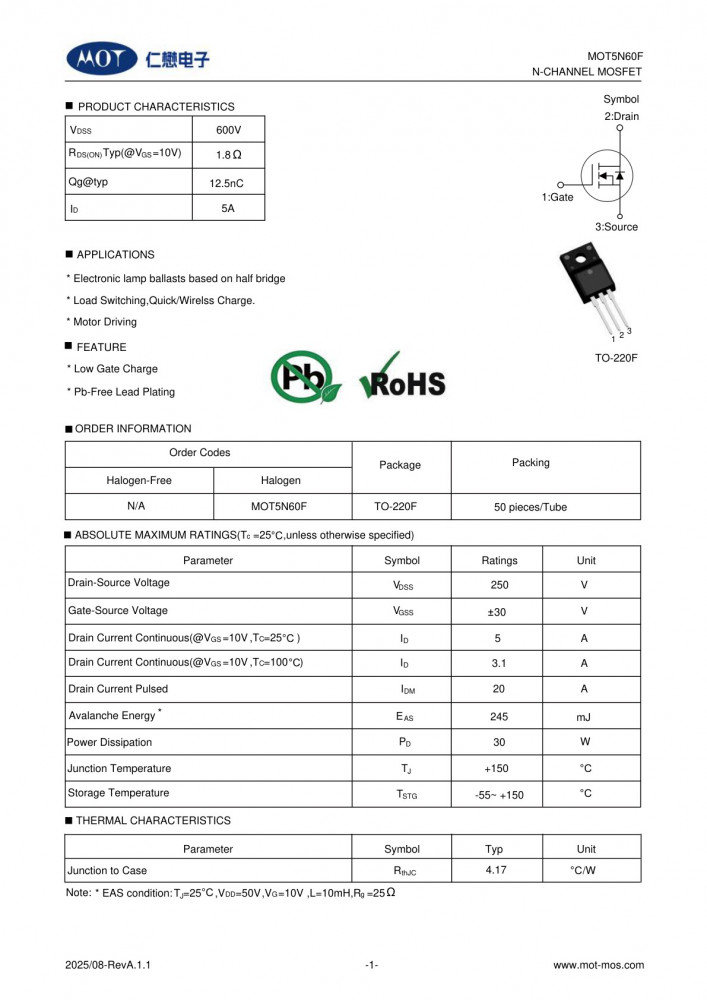 MOT5N60F datasheet page 1