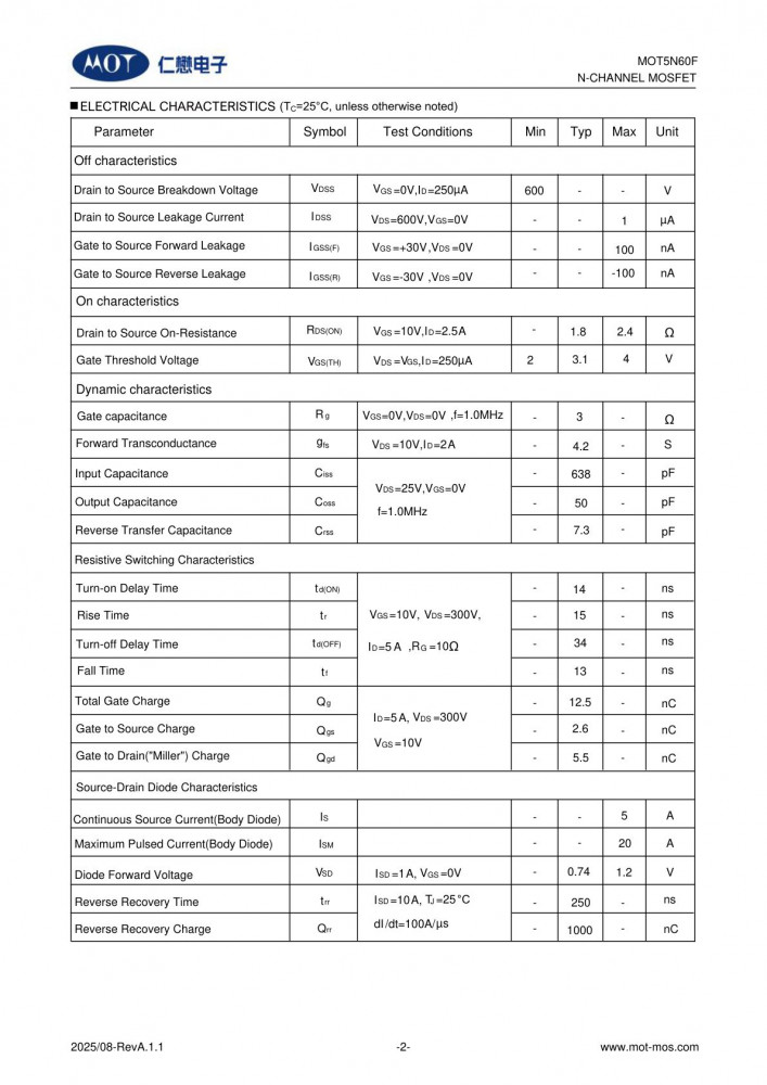 MOT5N60F datasheet page 2