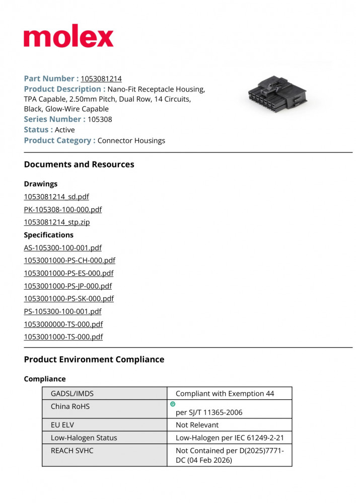 Molex Nano-Fit product specification page 1