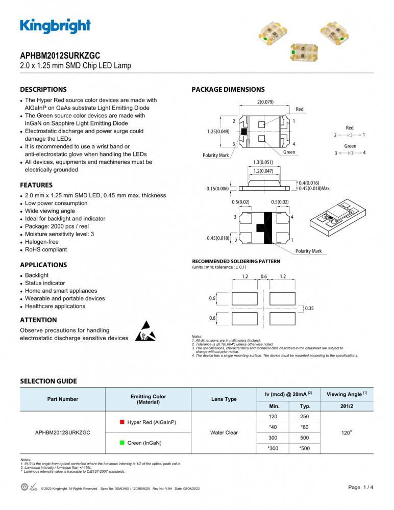 APHBM2012SURKZGC datasheet page 1