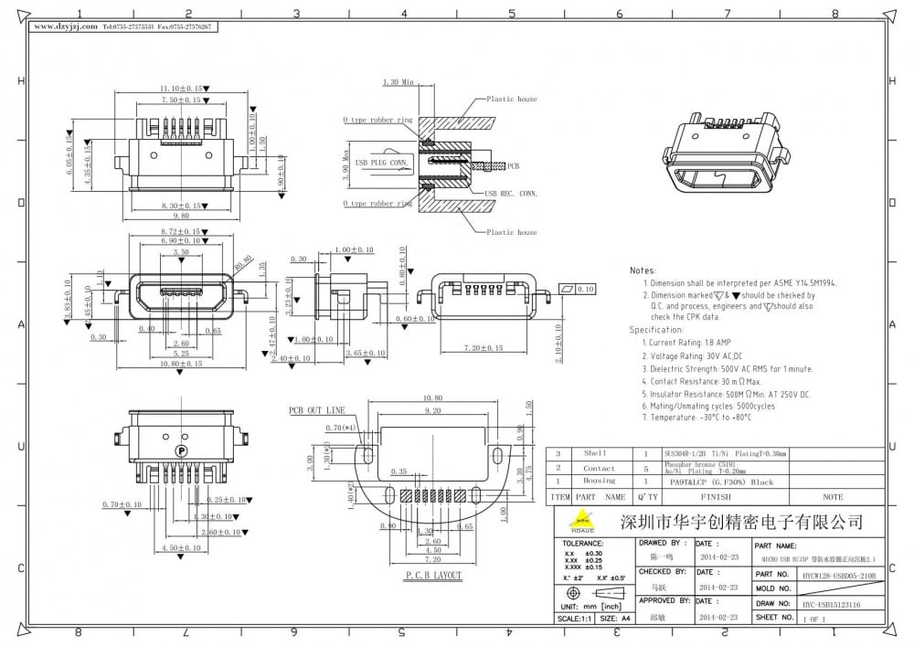 HOAUC HYCW128-USBD05-210B technical drawing