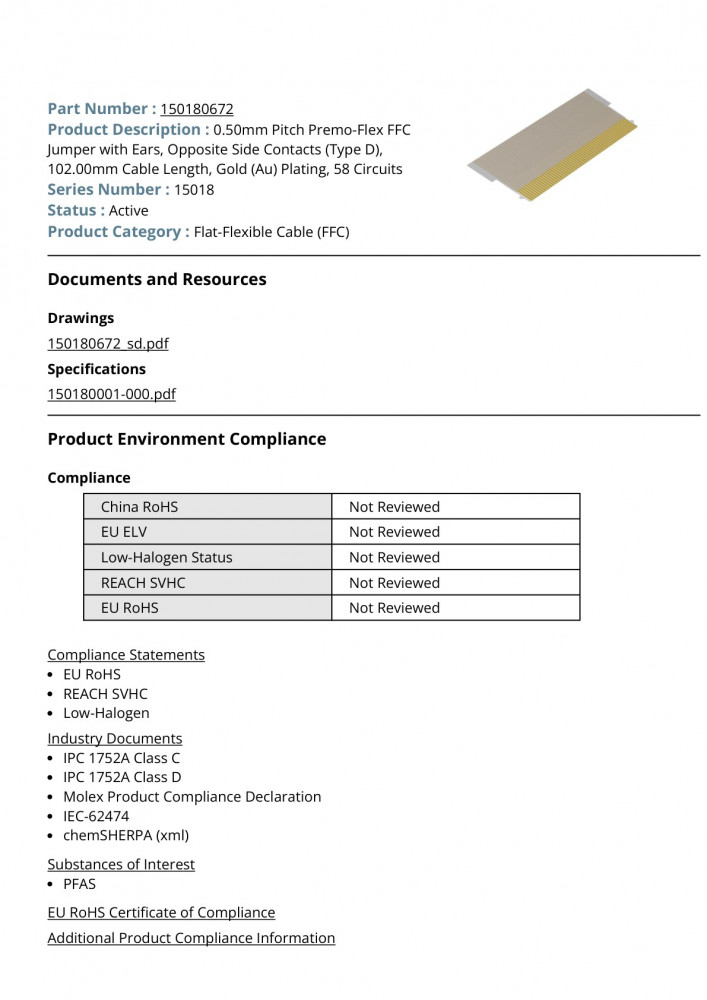 MOLEX 150180672 FFC product specification page 1