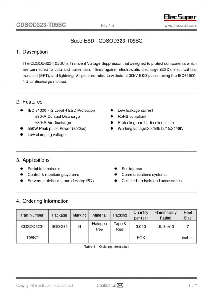 CDSOD323-T05SC datasheet page 1
