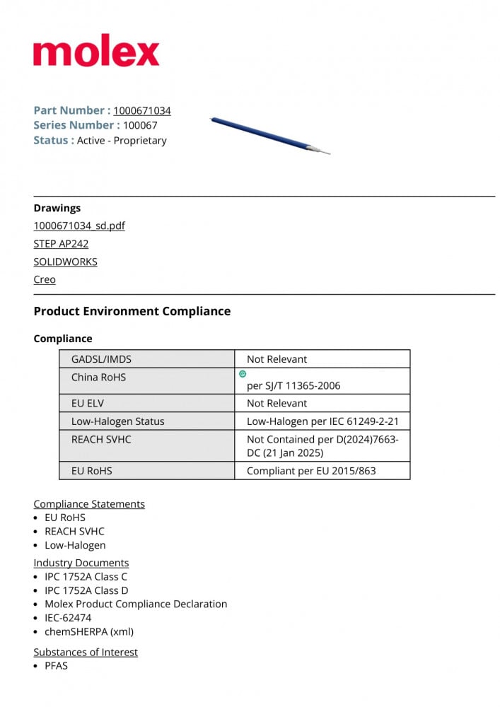 MOLEX TEMP-FLEX 1000671034 specification, page 1