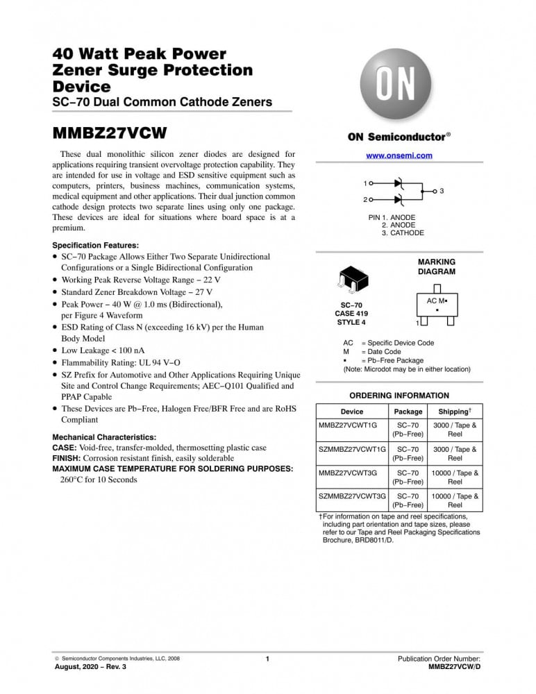 MMBZ27VCWT1G datasheet page 1