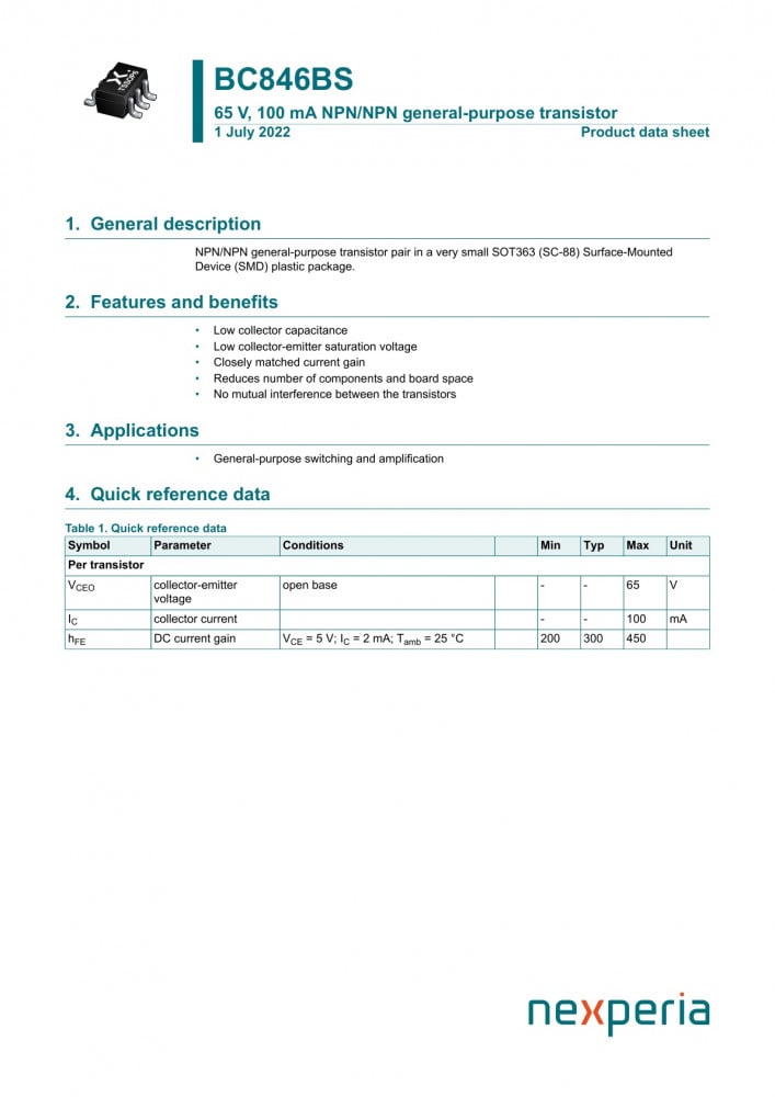 BC846BS datasheet page 1