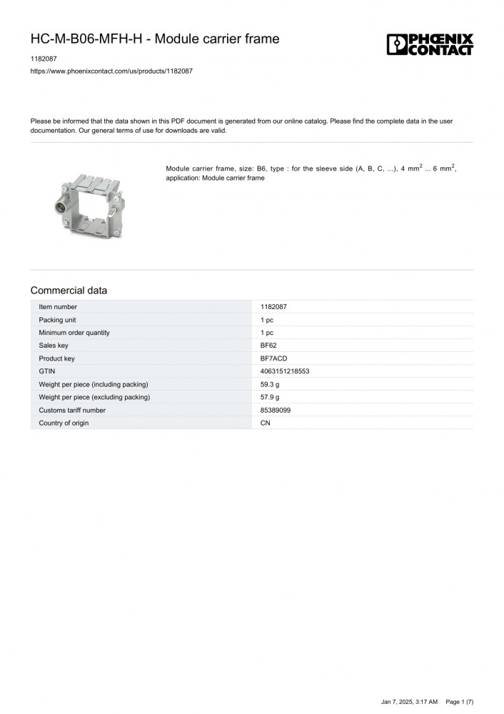 Phoenix Contact 1182087 technical document page 1