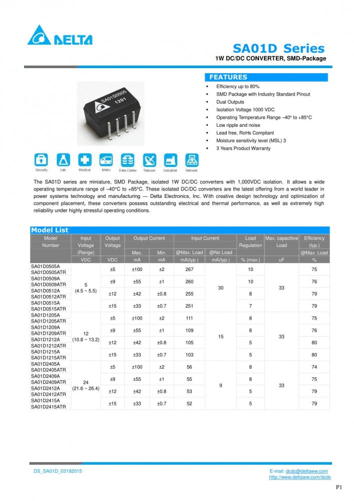 DELTA SA01D series datasheet page 1