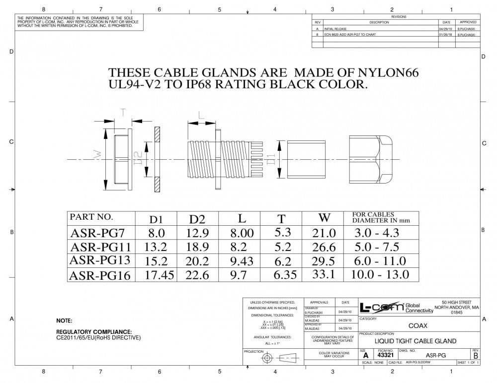 L-com ASR-PG cable gland technical drawing