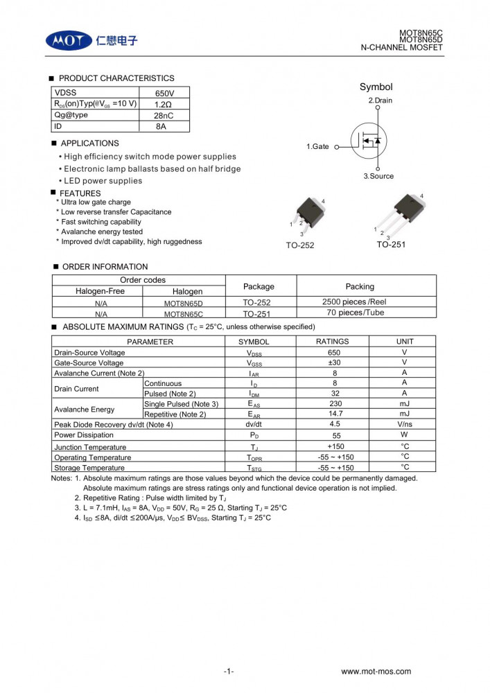 MOT8N65C datasheet page 1