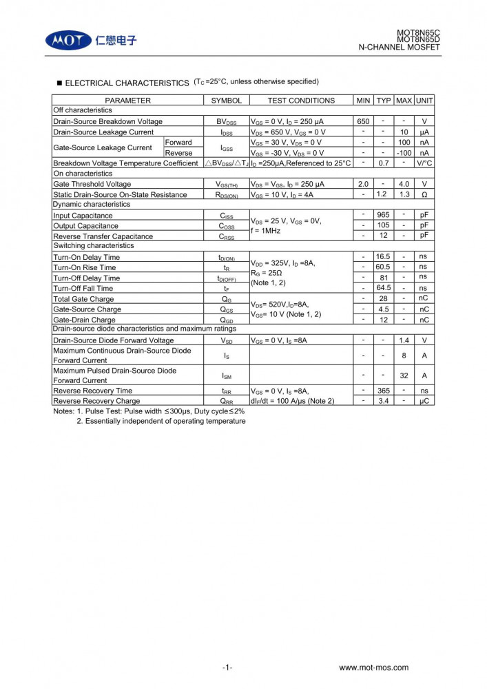 MOT8N65C datasheet page 2