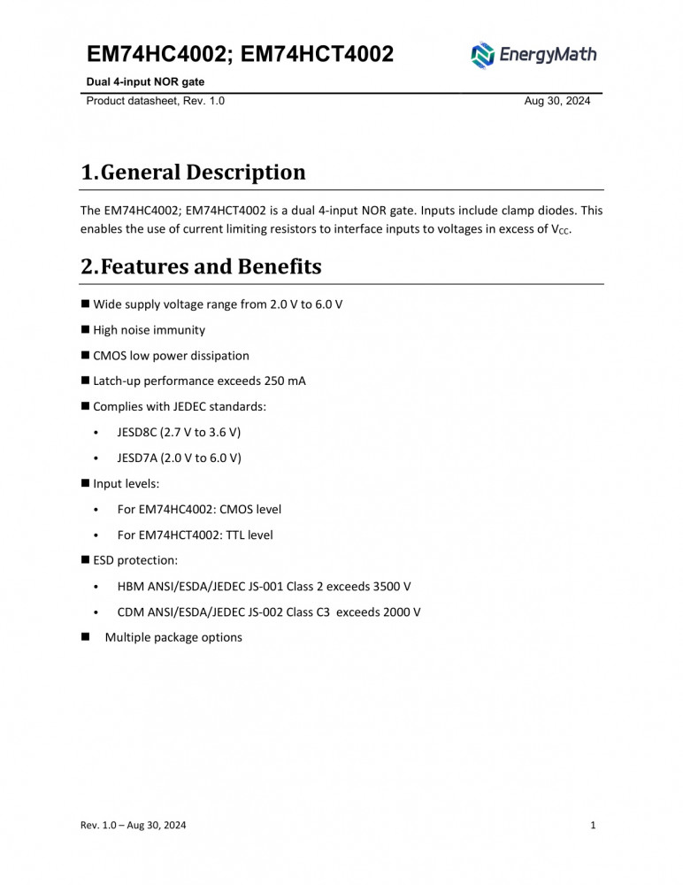 EM74HC4002D datasheet page 1