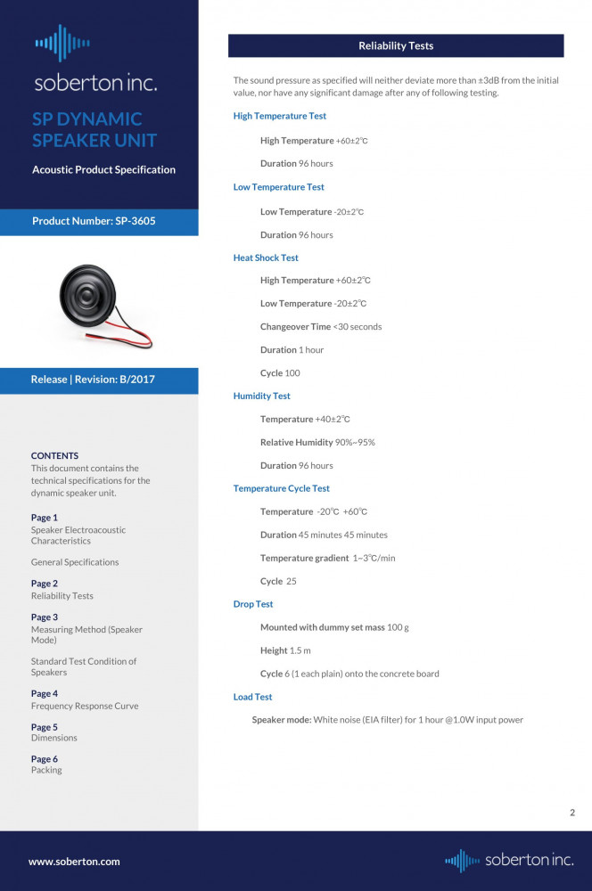 SP-3605 datasheet page 2: reliability tests