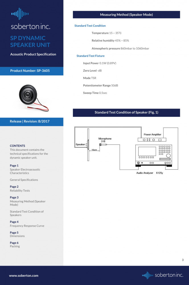 SP-3605 datasheet page 3: speaker measurement method and test conditions