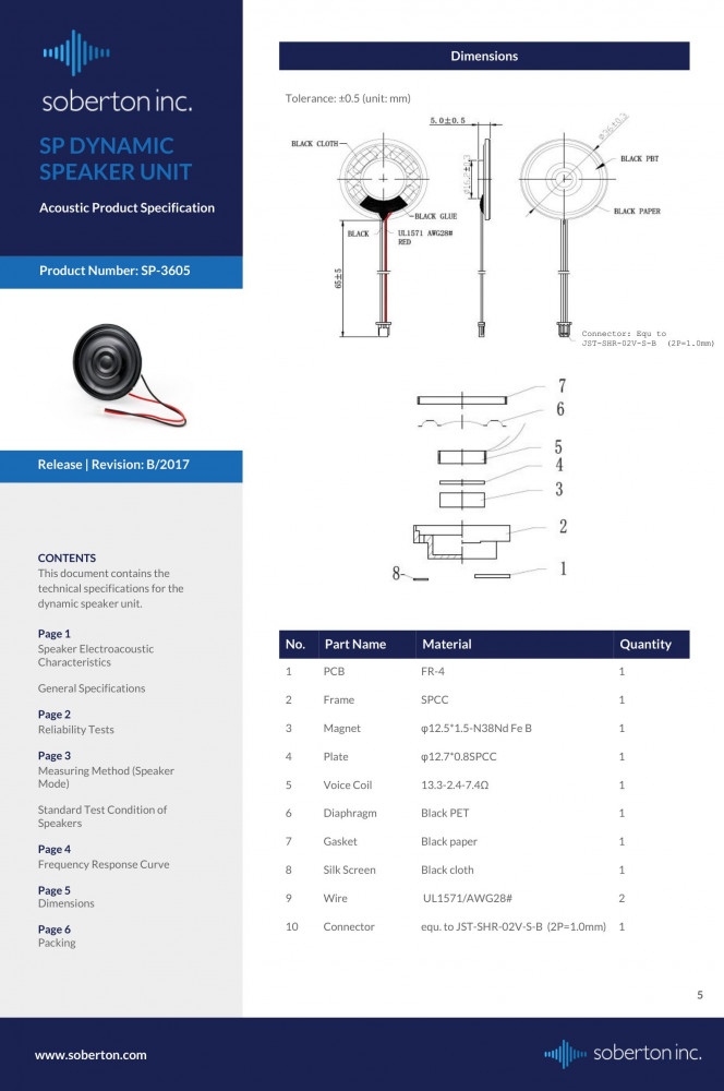 SP-3605 datasheet page 5: dimensional drawing and construction