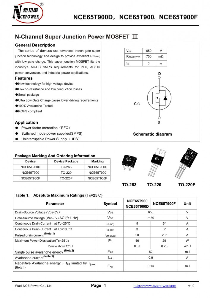 NCE65T900F datasheet page 1
