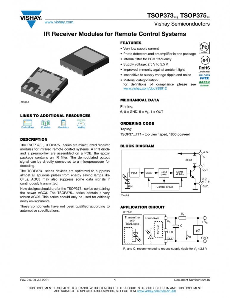 TSOP37338ETT1 datasheet page 1