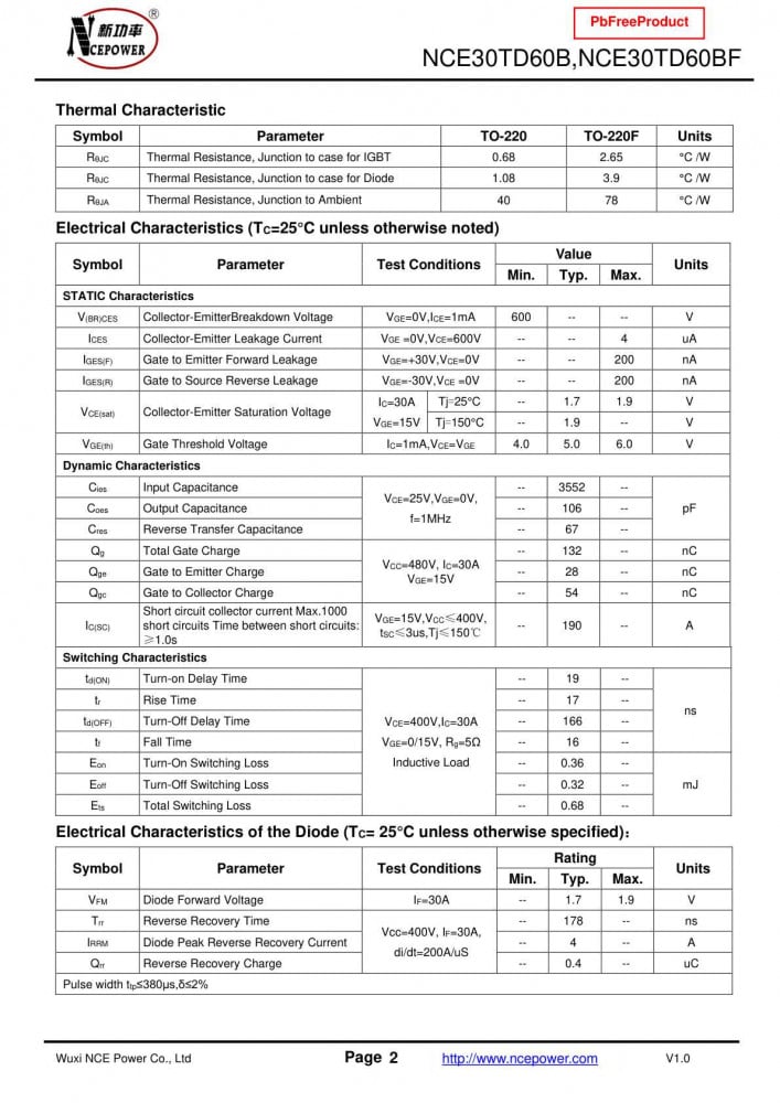 NCE30TD60BF datasheet page 2
